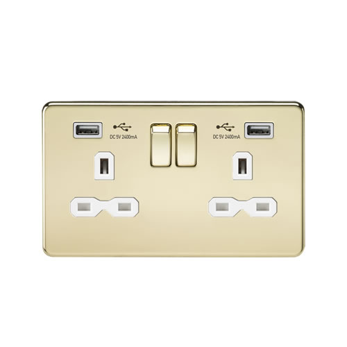 Knightsbridge Screwless Flat Plate Polished Brass 13A Dual USB Double ...