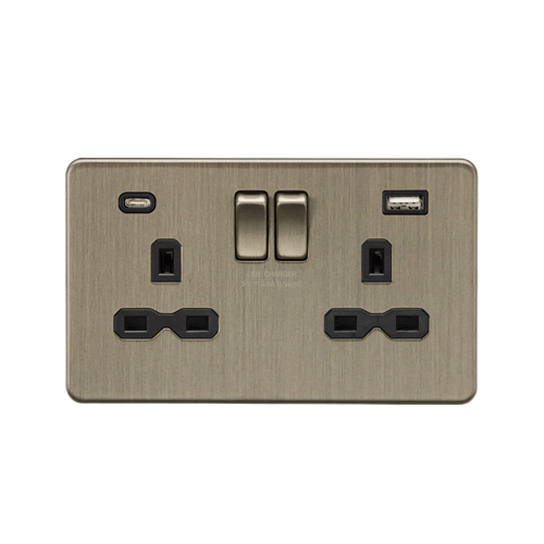 Knightsbridge Screwless Flat Plate Antique Brass Dual USB Type A & C ...